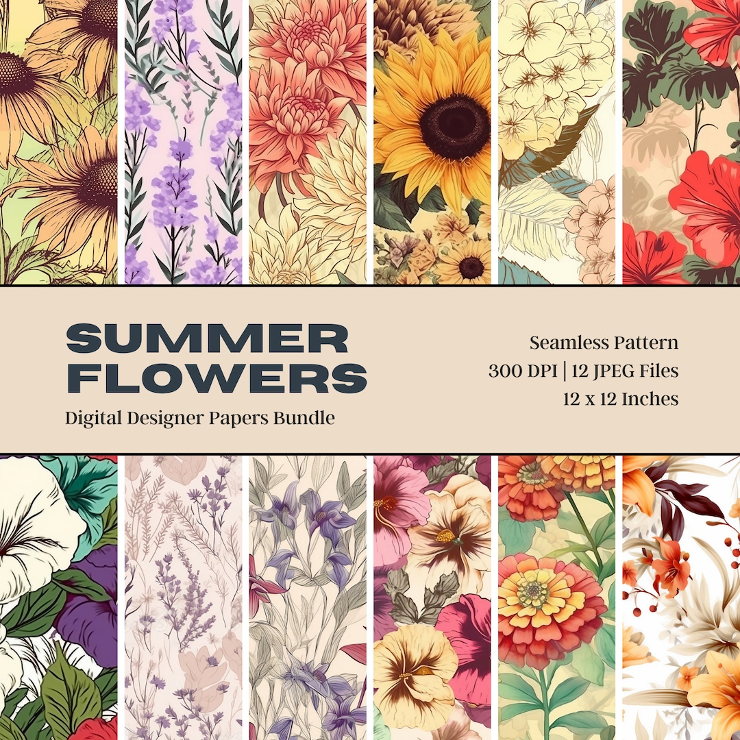 Summer Flowers Digital Paper, Floral Seamless Patterns (digital ...