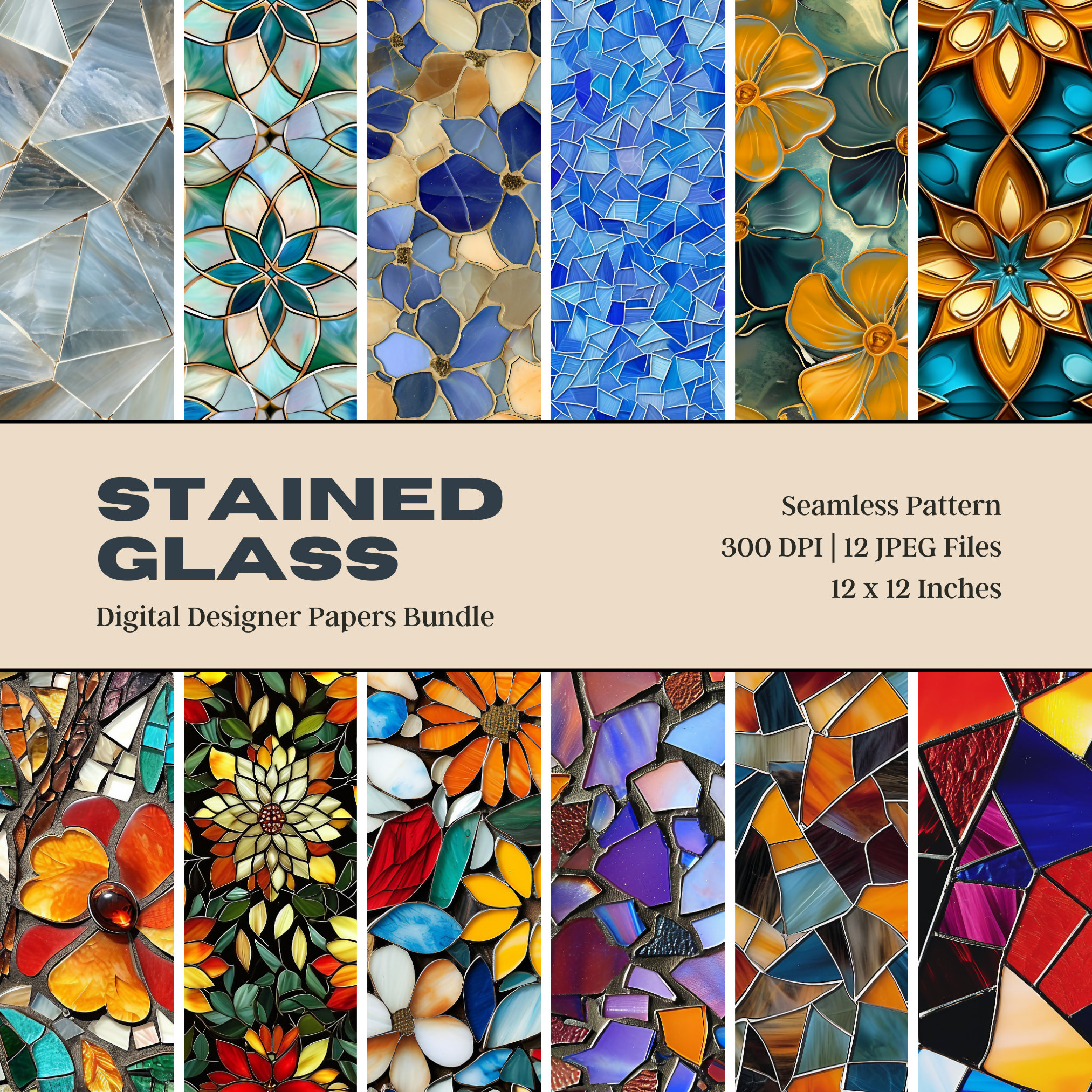 12 Stained Glass Digital Paper, Stained Glass Patterns, Stained Glass ...