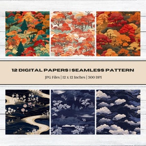 12 Japanese Nature Digital Paper, Seamless Design, Wave Pattern, Cherry ...