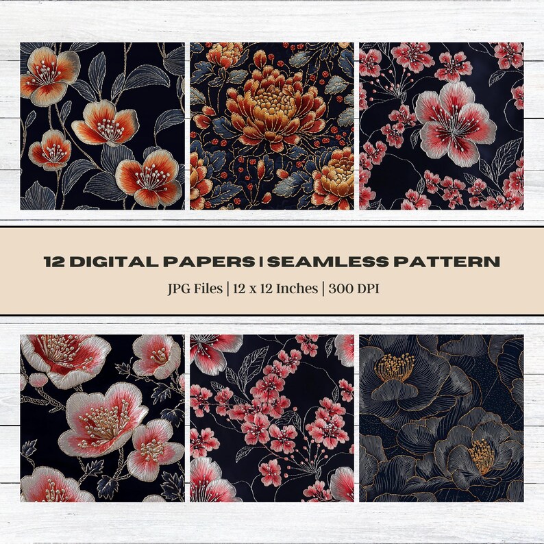 12 Japanese Embroidered Kimono Digital Paper, Flower Pattern ...