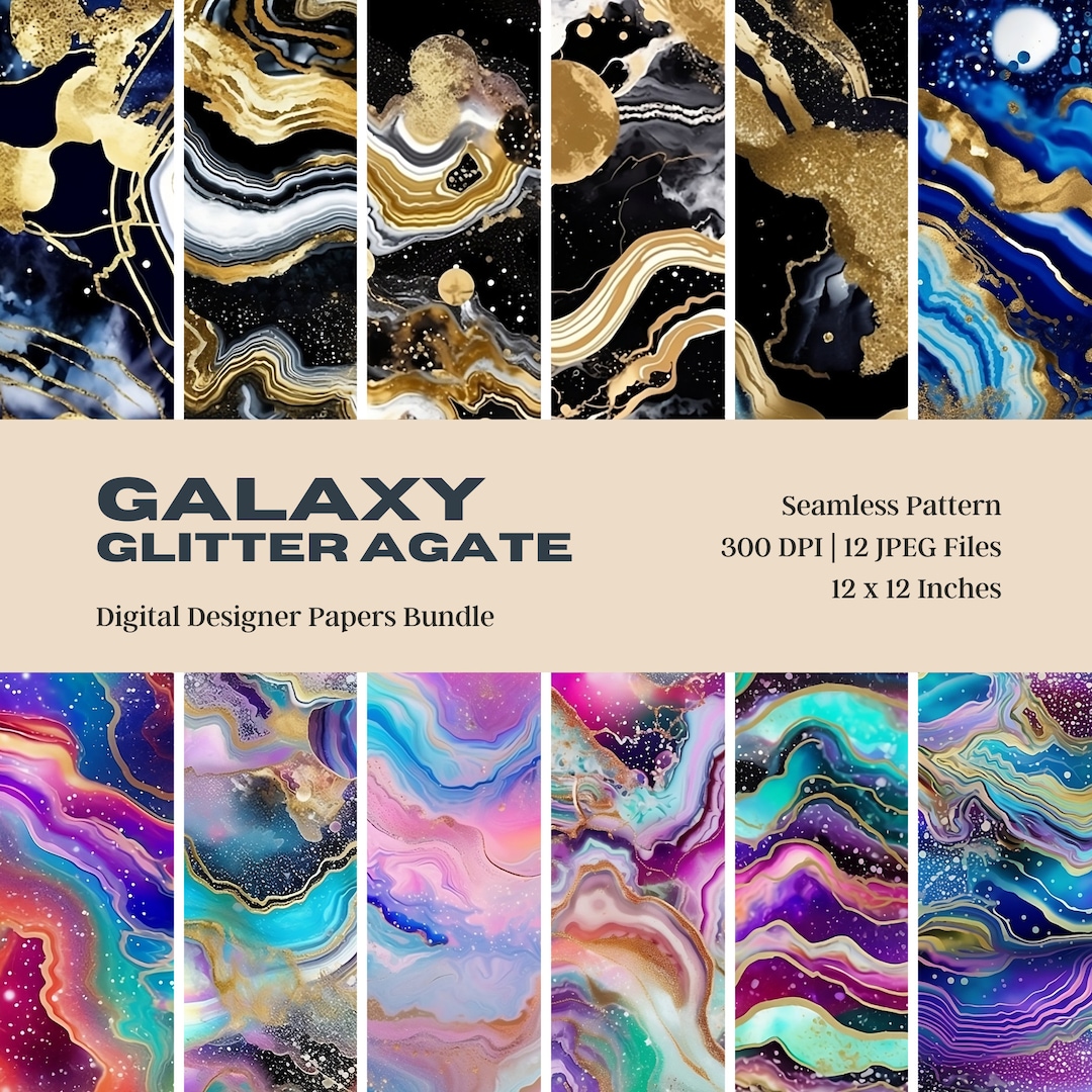 Galaxy Glitter Agate Digital Paper, Black Gold Holographic (digital ...