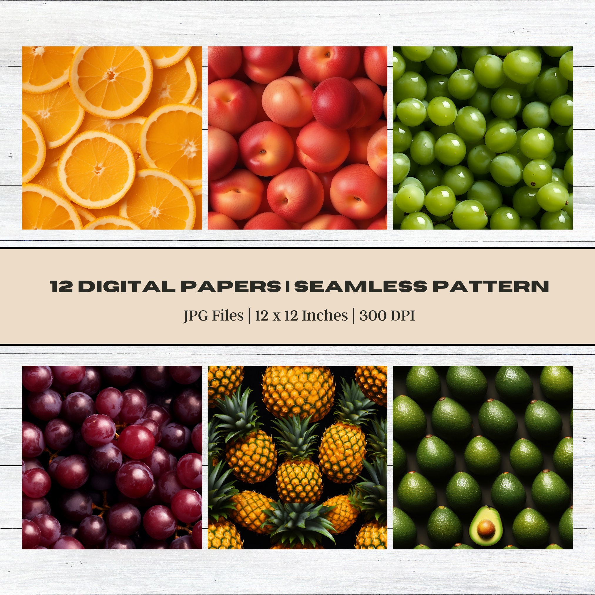 12 Fruits Themed Digital Paper, Seamless Design, Apple, Orange ...