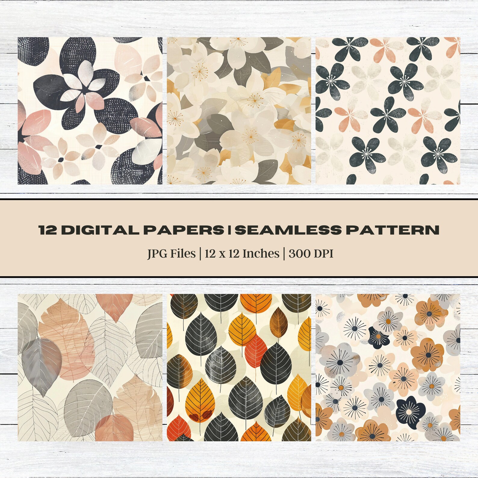 12 Japandi Floral Digital Paper, Seamless Design, Retro Boho, Japan ...