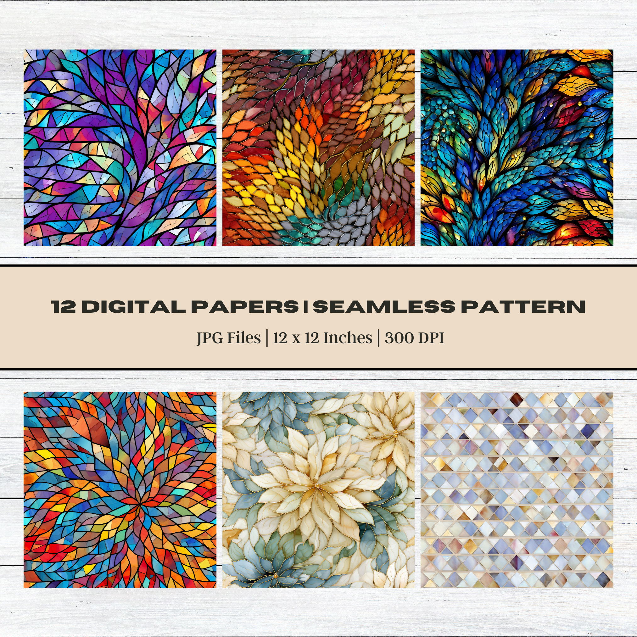 12 Stained Glass Digital Paper, Stained Glass Patterns, Stained Glass ...