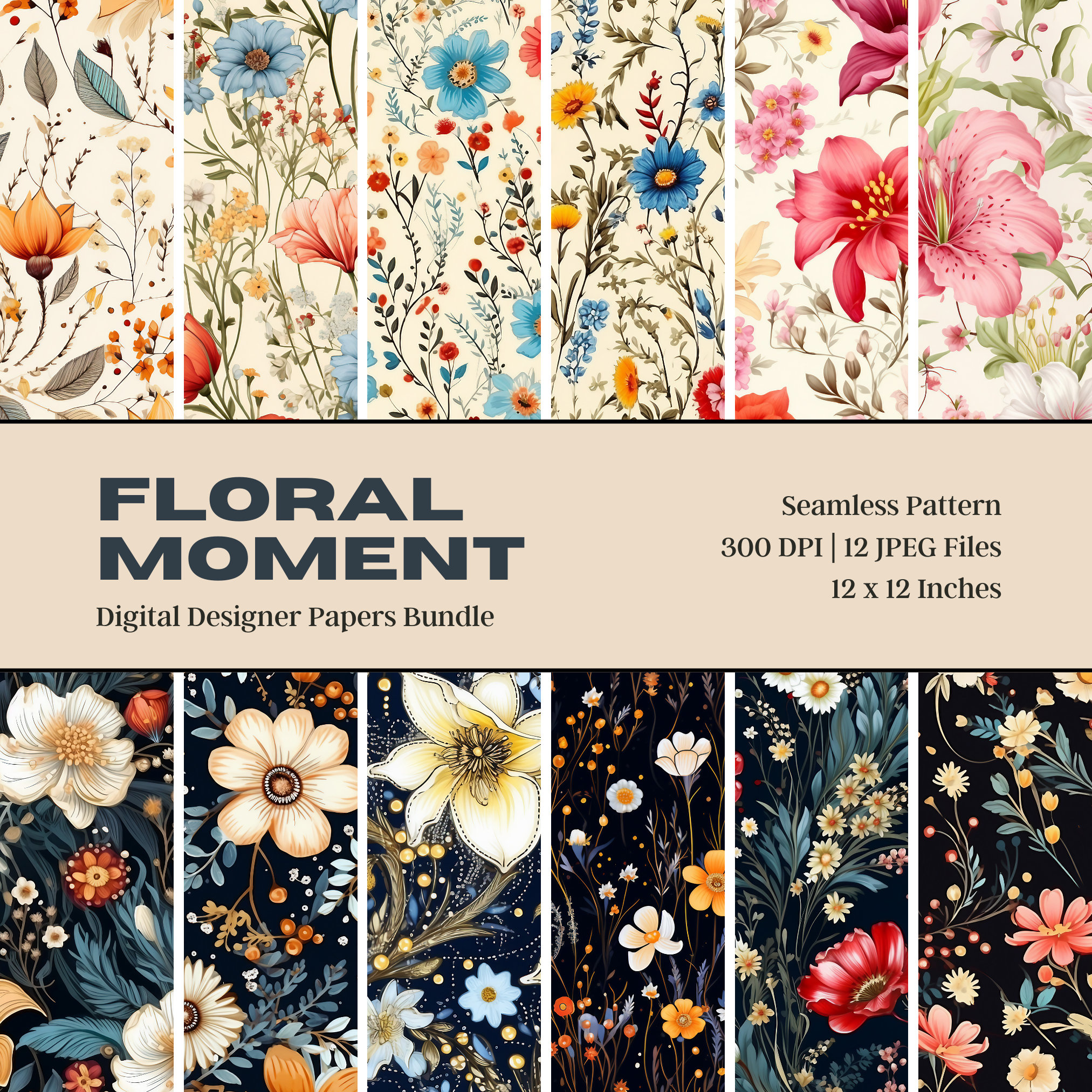 12 Floral Moment Digital Paper, Seamless Pattern, Flowers Background ...