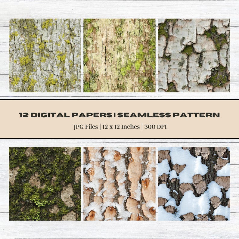 Tree Bark Digital Paper, 12 Seamless Rustic Wood Textures (digital ...
