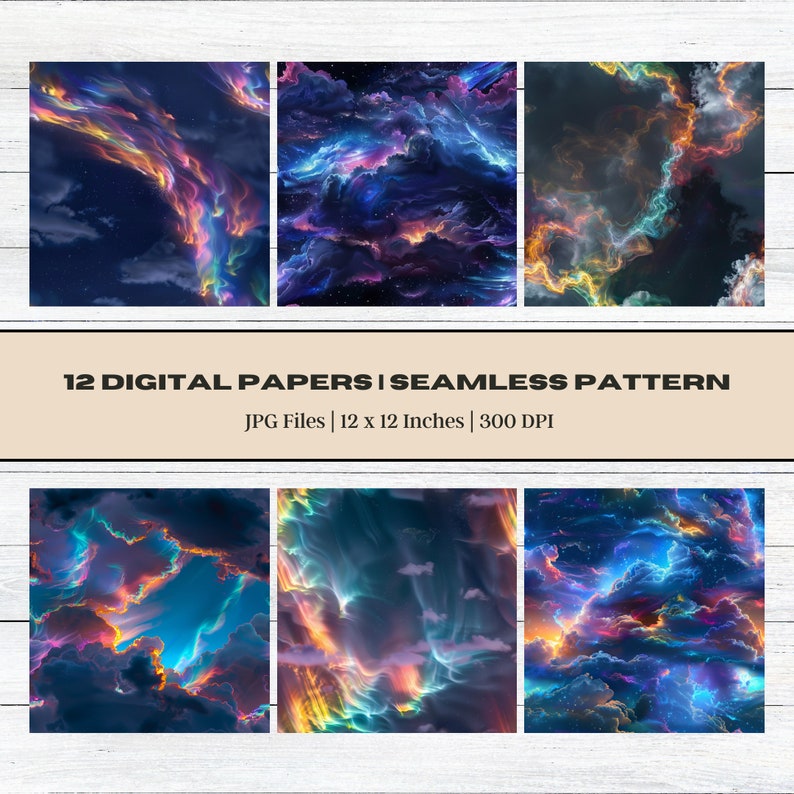 12 Iridescent Clouds Digital Paper, Fantasy Background, Night Sky ...