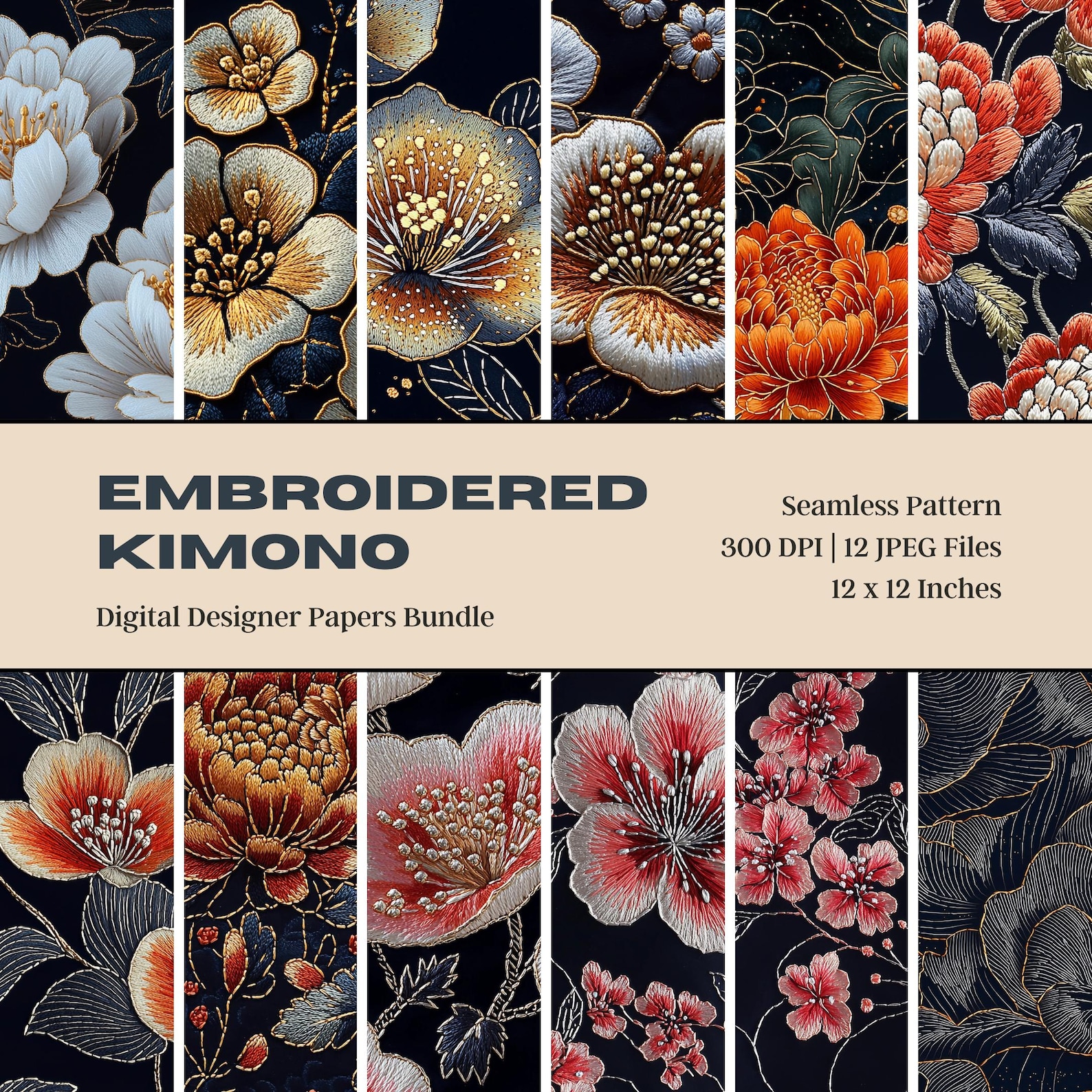 12 Japanese Embroidered Kimono Digital Paper, Flower Pattern ...