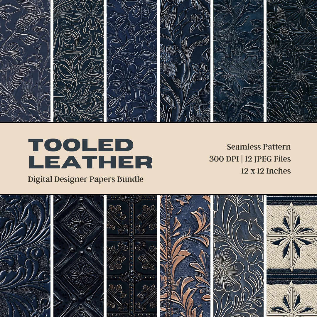 12 Navy Western Tooled Leather Digital Paper, Leather Pattern, Western ...