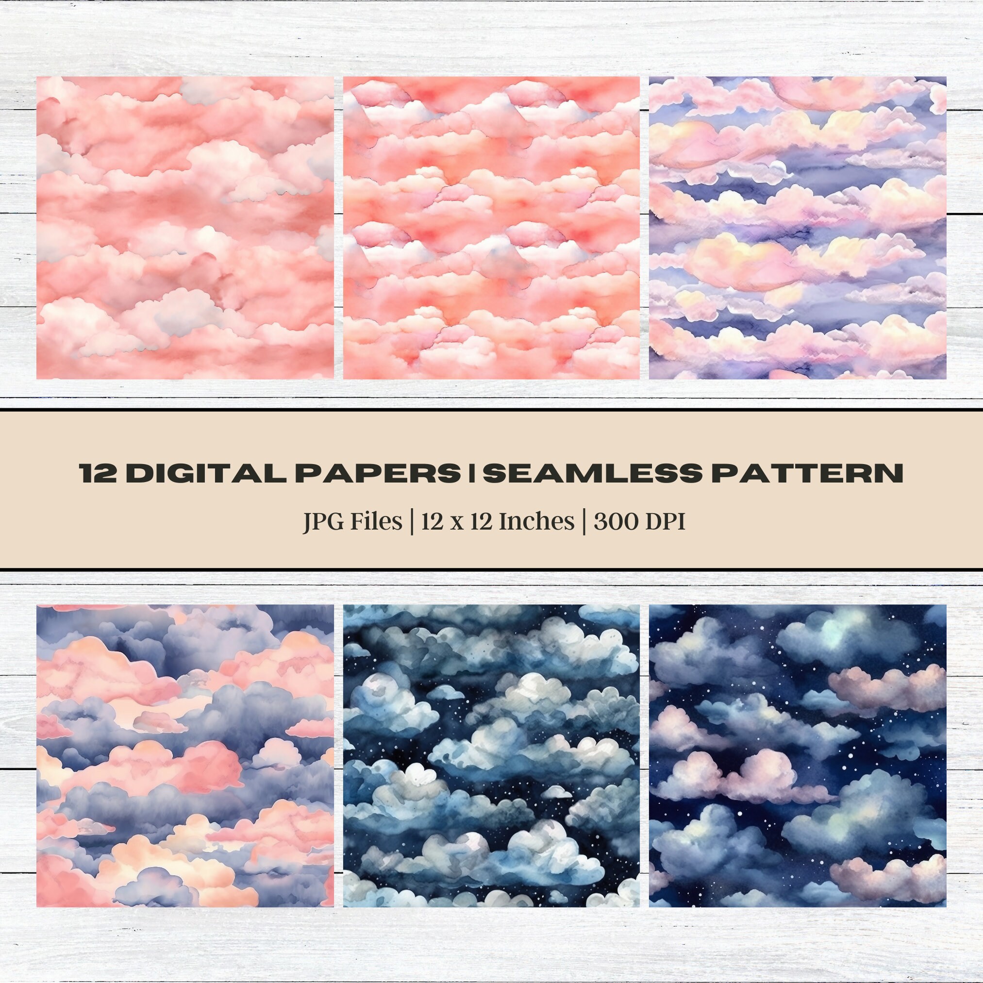 12 Watercolor Clouds Digital Paper, Seamless Design, Colorful Clouds ...