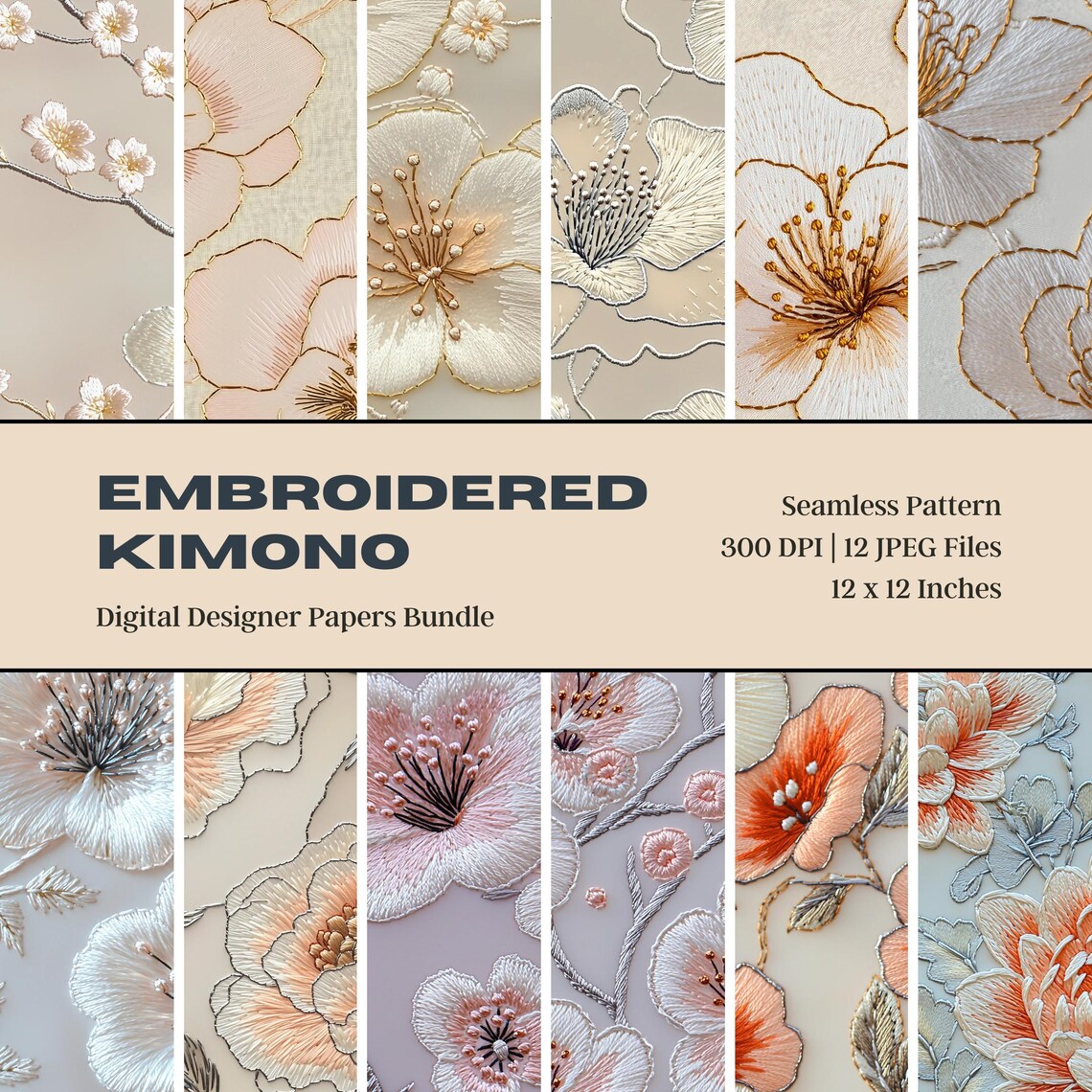 12 Japanese Embroidered Kimono Digital Paper, Flower Pattern ...
