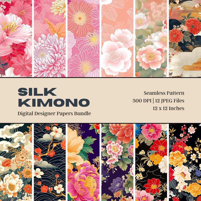 12 Japanese Kimono Digital Paper, Sakura, Kimono Robe, Seamless Design ...