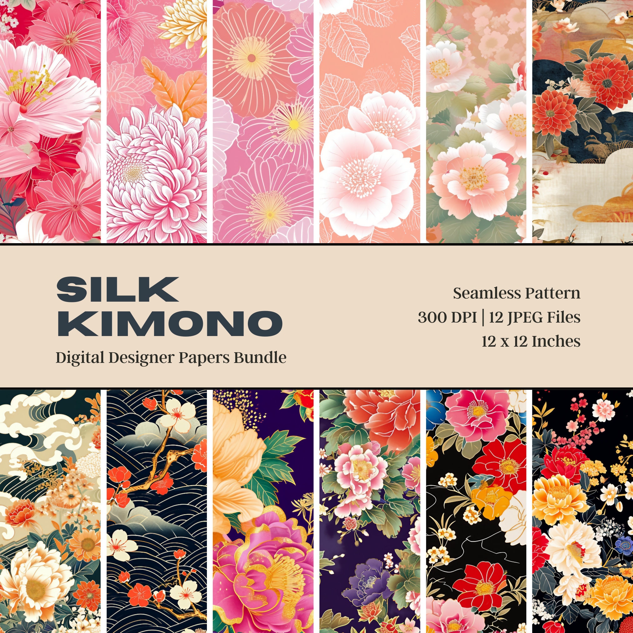 12 Japanese Kimono Digital Paper, Sakura, Kimono Robe, Seamless Design ...