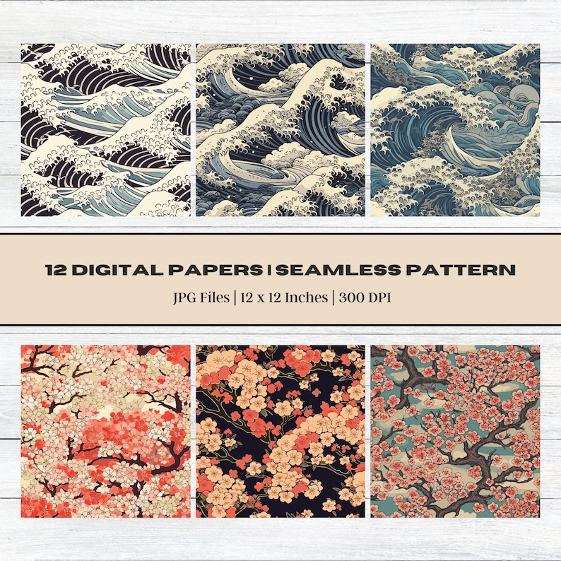 12 Japanese Nature Digital Paper Seamless Design Wave - Etsy