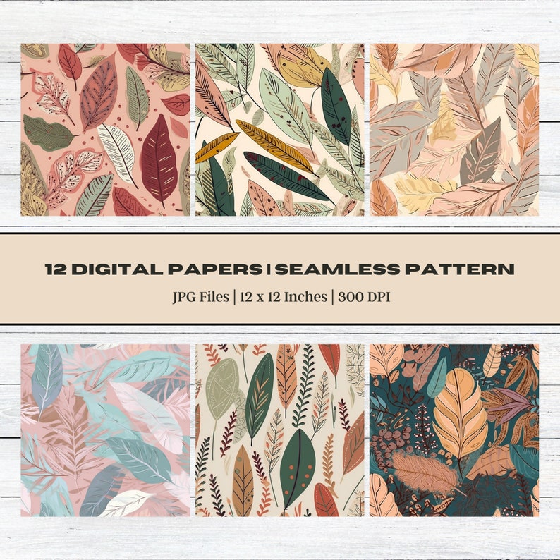 Boho Autumn Leaves Digital Paper Set, Scrapbook Patterns (digital ...