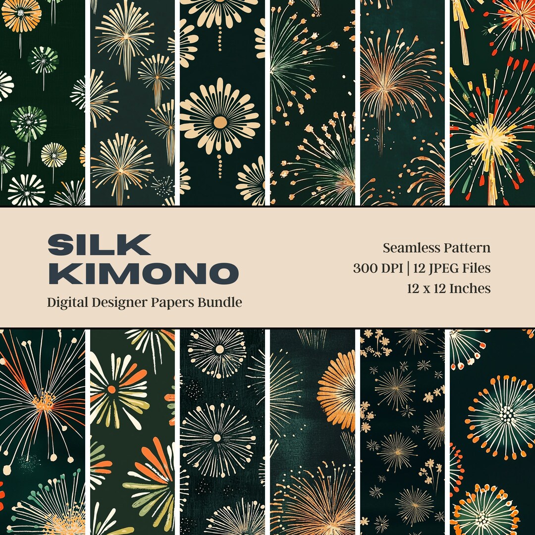 12 Pine Green Silk Kimono Digital Paper, Fireworks Pattern, Slik ...
