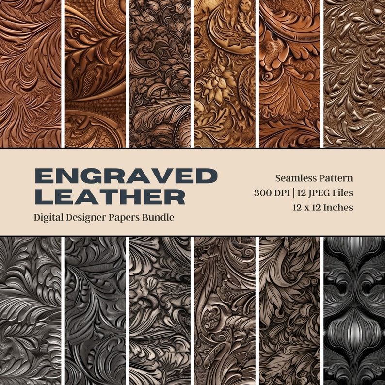 12 Engraved Leather Digital Paper, Leather Pattern, Dark Engraved ...