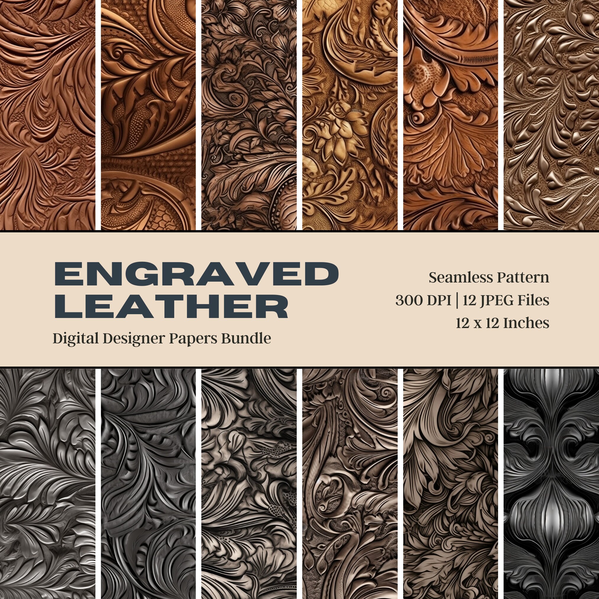 12 Engraved Leather Digital Paper, Leather Pattern, Dark Engraved ...