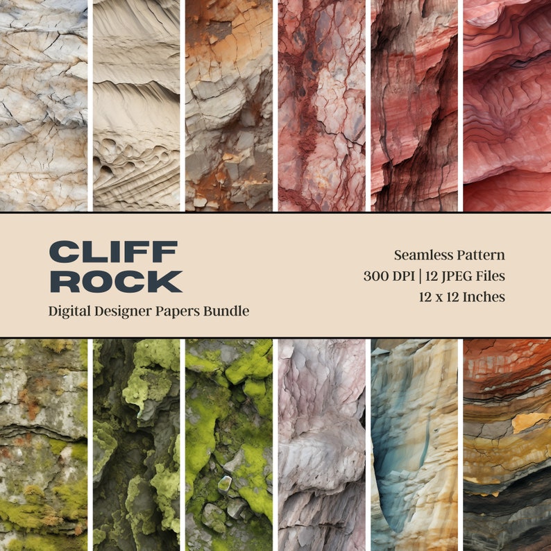 12 Cliff Rock Digital Paper, Seamless Pattern, Stone Texture Background ...