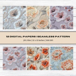 12 Japanese Embroidered Kimono Digital Paper, Flower Pattern ...