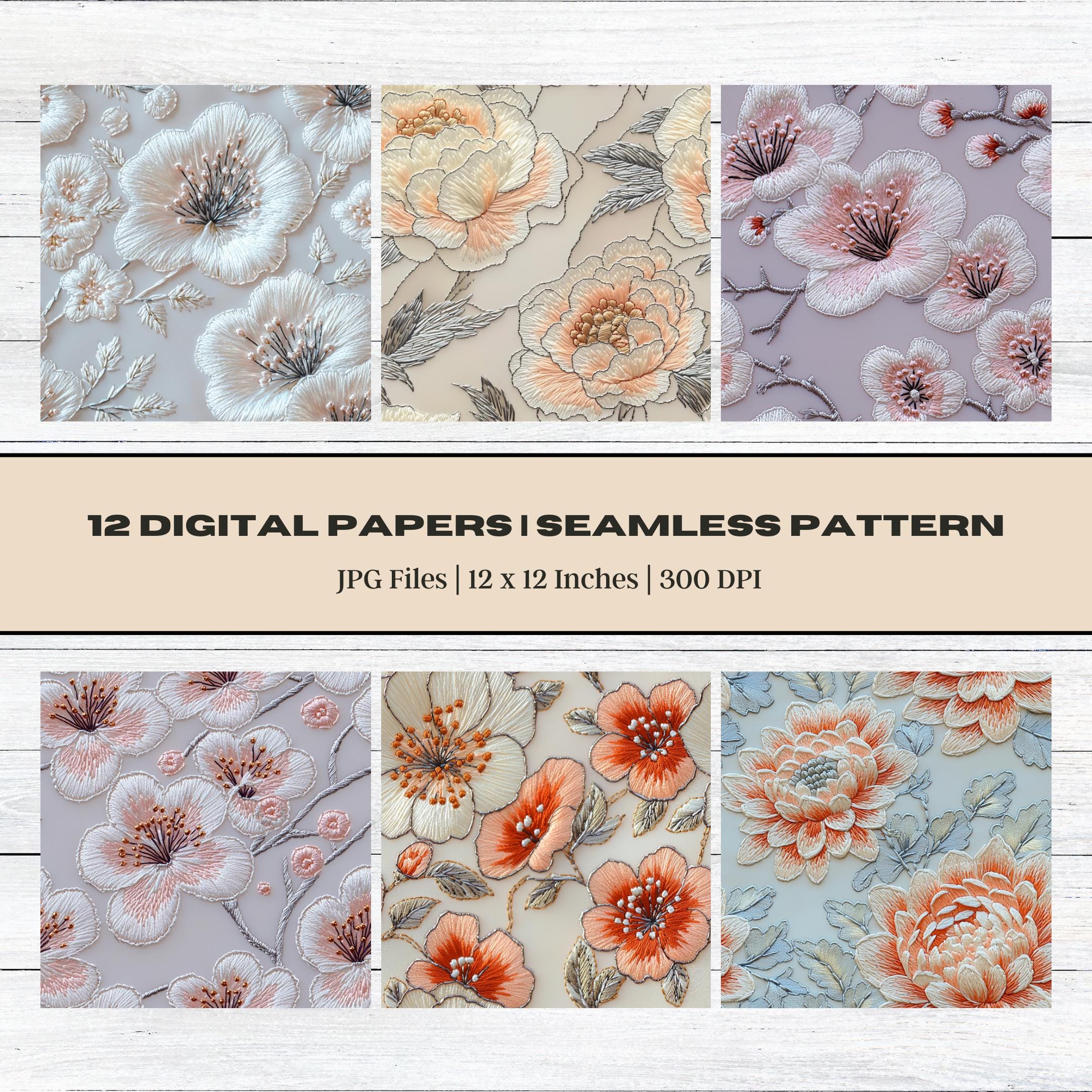 12 Japanese Embroidered Kimono Digital Paper, Flower Pattern ...