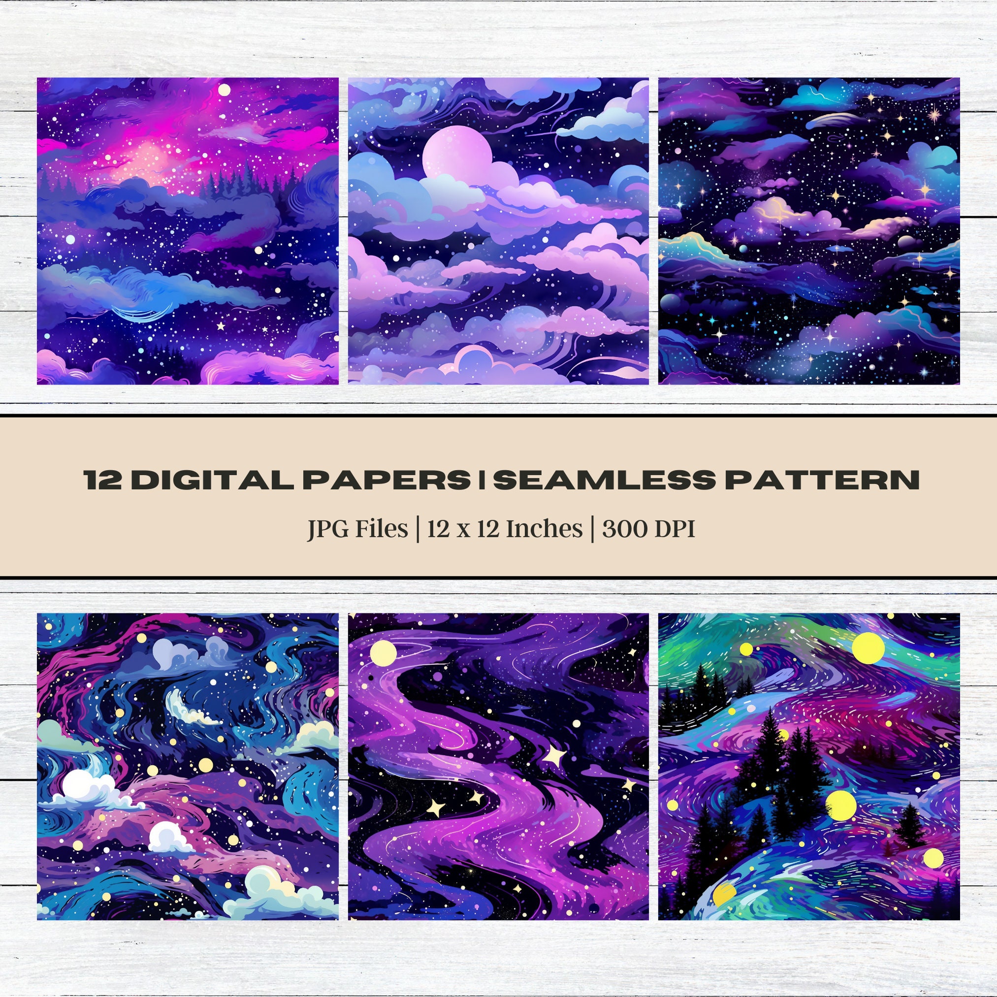 12 Colorful Night Sky Digital Paper, Seamless Patterns, Vibrant ...