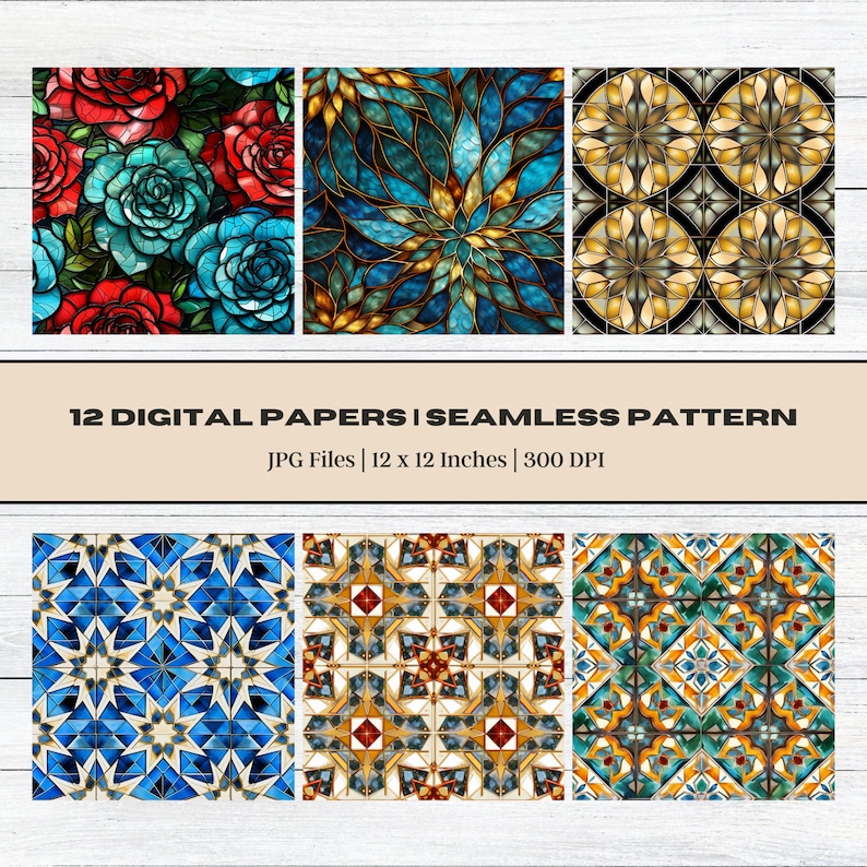 12 Stained Glass Digital Paper, Stained Glass Patterns, Stained Glass ...