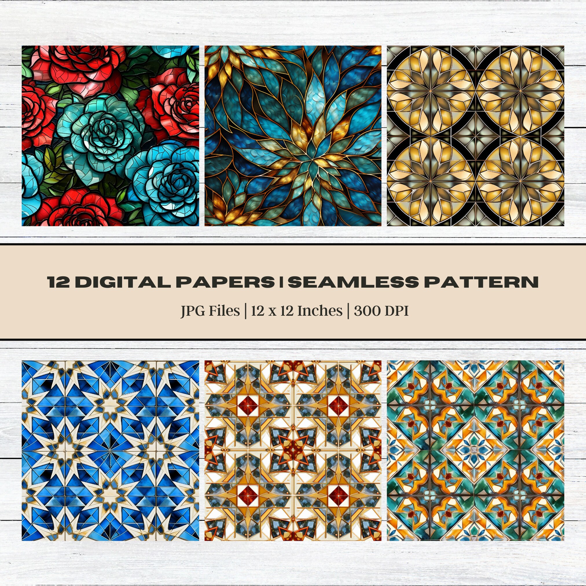 12 Stained Glass Digital Paper, Stained Glass Patterns, Stained Glass ...