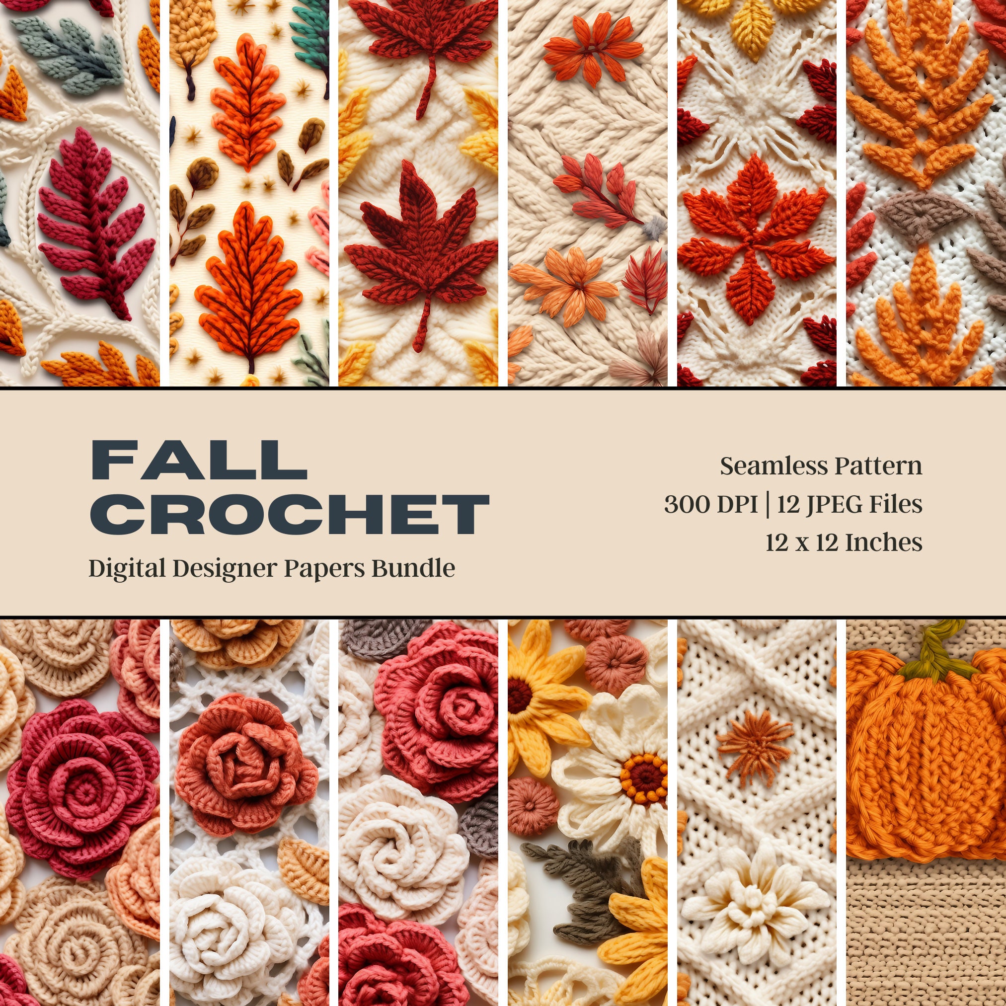 12 Fall Embroidery Crochet Digital Paper, Fall Decor, Cottage Core ...