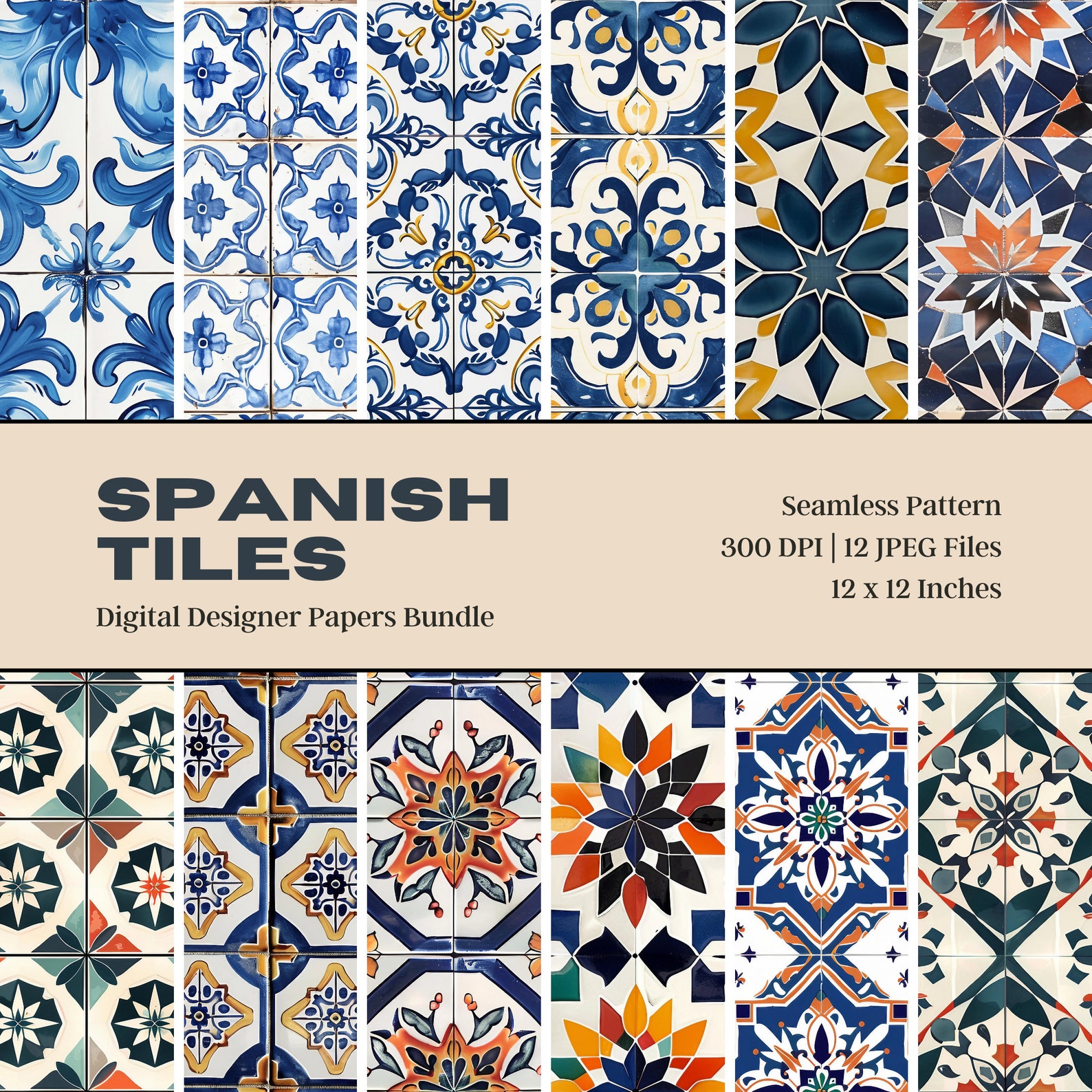 12 Spanish Tiles Digital Paper, Mosaic Tiles, Azulejos Tiles, Ceramic ...