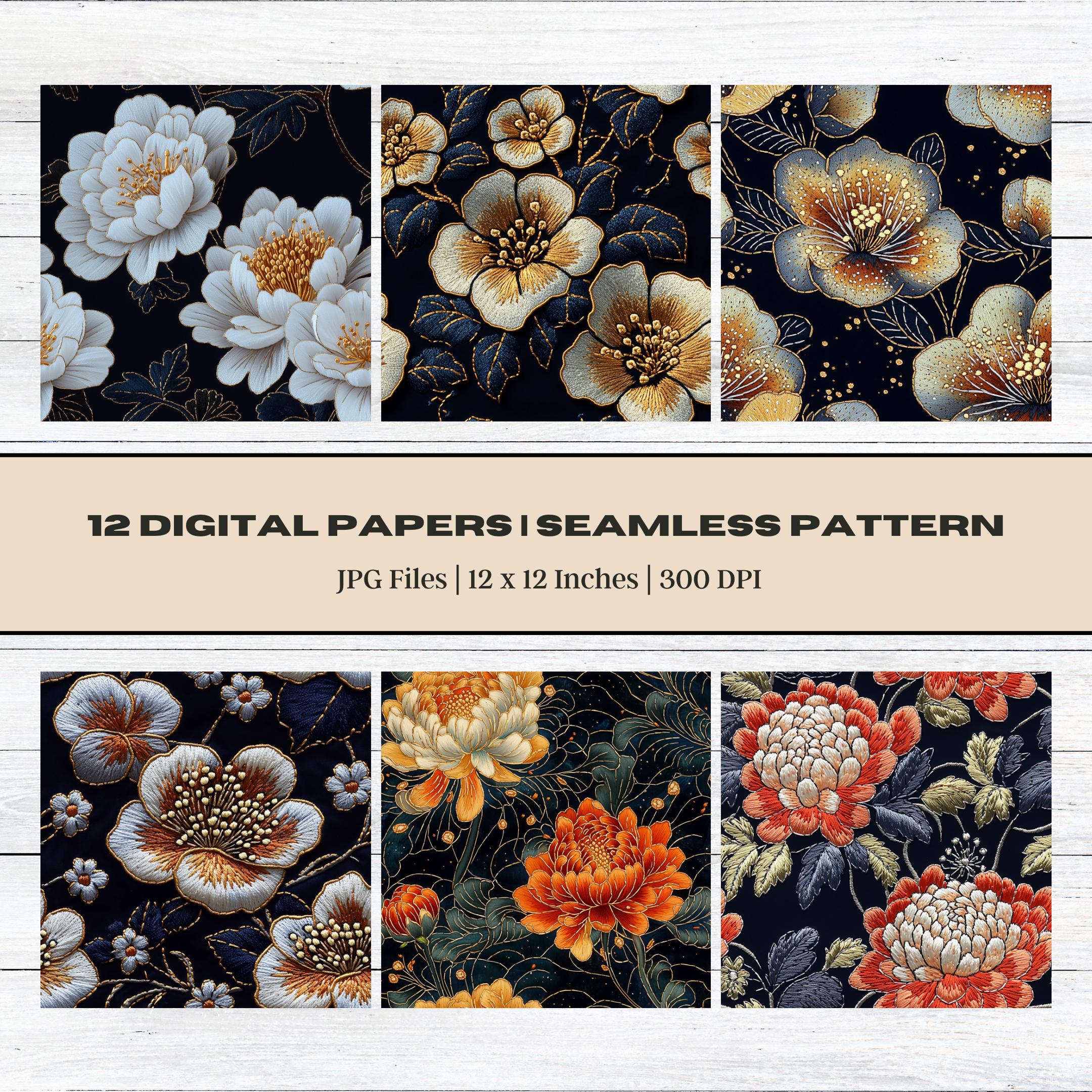 12 Japanese Embroidered Kimono Digital Paper, Flower Pattern ...