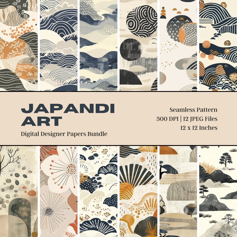 12 Japandi Art Digital Paper, Seamless Design, Retro Boho, Japan ...