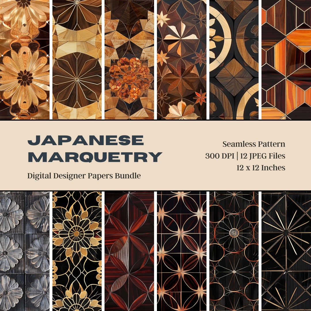 12 Japanese Marquetry Digital Paper, Wooden Secret Box Designs, Yosegi ...