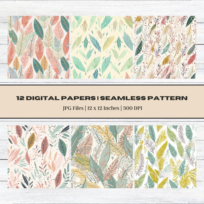 12 Boho Leaves Seamless Patterns, Scrapbook Paper, Hippie Digital ...