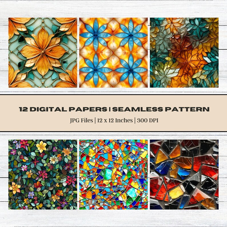12 Stained Glass Digital Paper, Stained Glass Patterns, Stained Glass ...