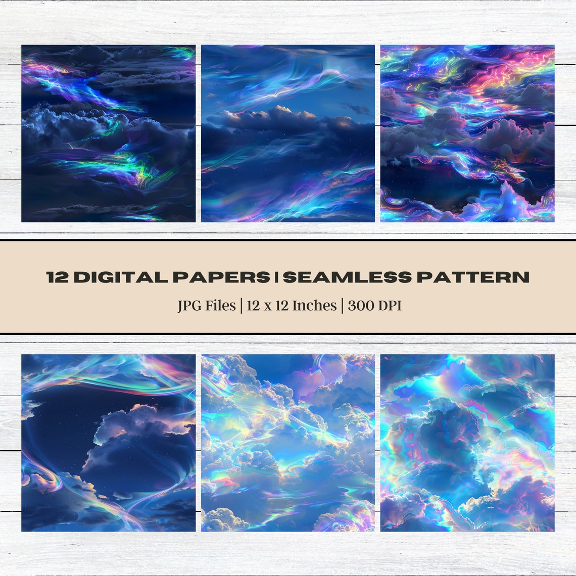 12 Iridescent Clouds Digital Paper, Fantasy Background, Night Sky ...