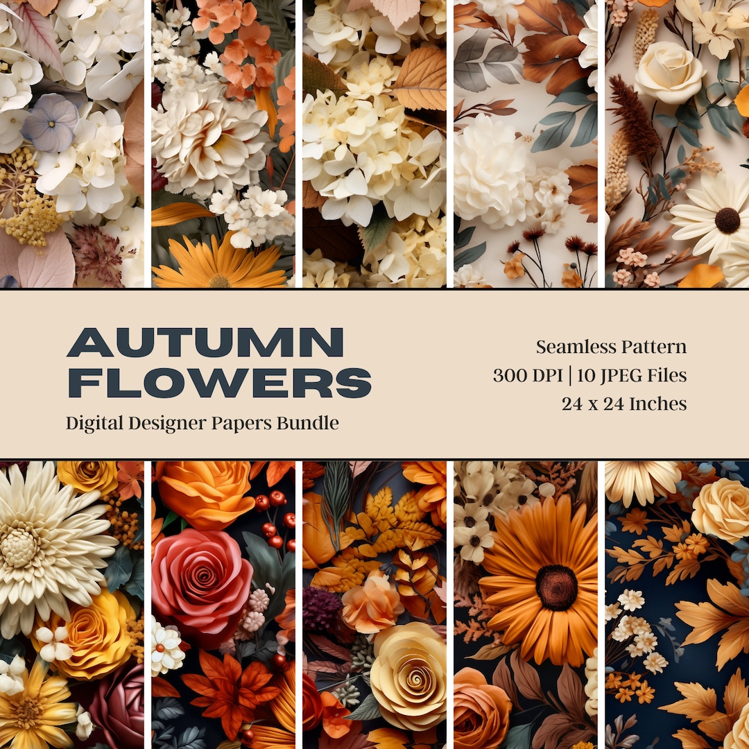10 Autumn Flowers Digital Paper, Fall Decor, Printable Scrapbook Paper ...