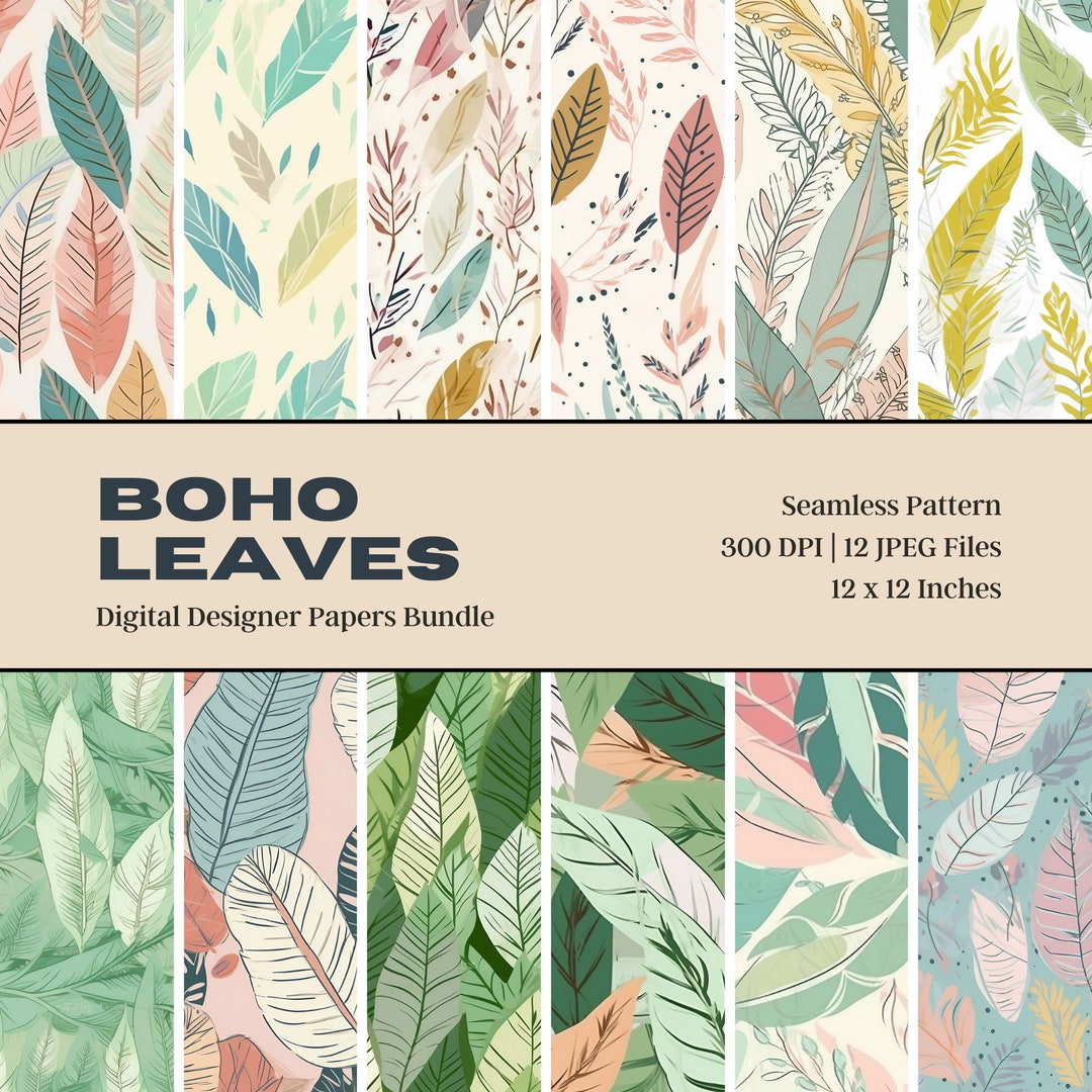 12 Boho Leaves Seamless Patterns, Scrapbook Paper, Hippie Digital ...