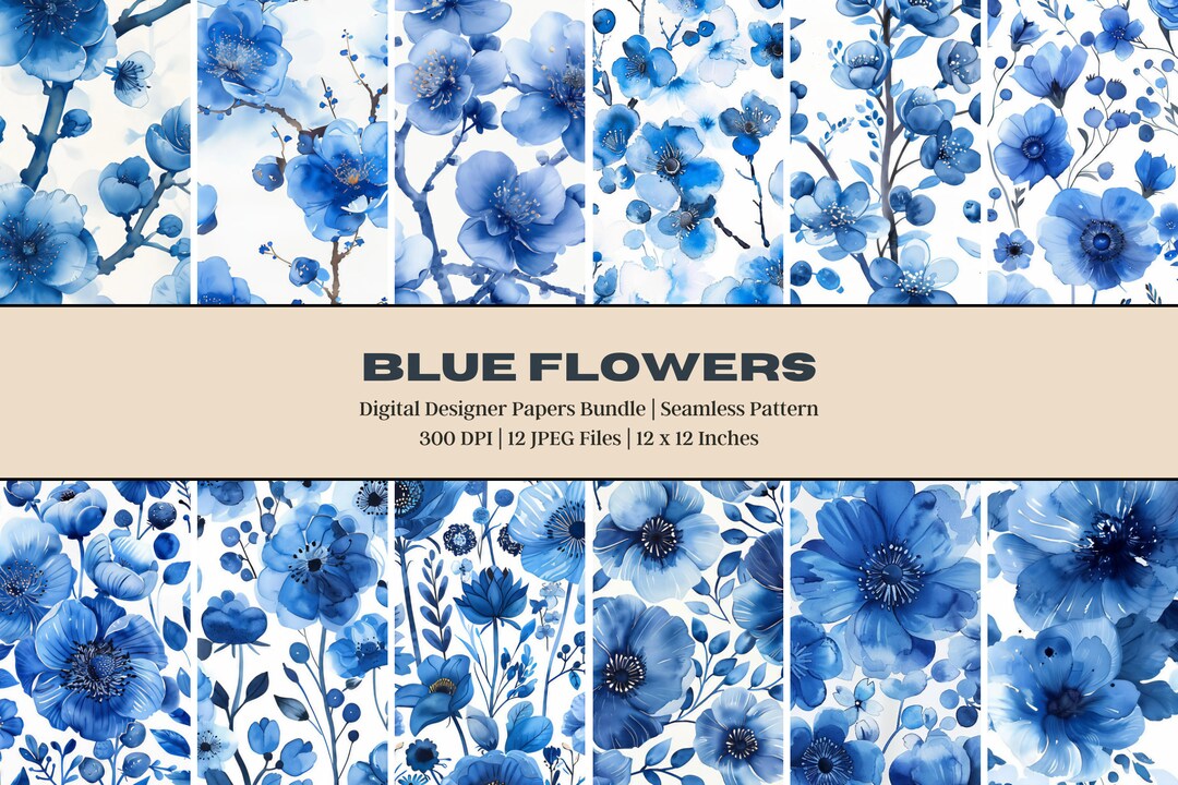 Blue Floral Digital Paper, Japanese Painting, Seamless Pattern (digital ...
