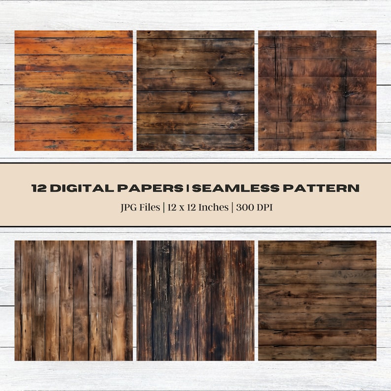 12 Rustic Wood Digital Paper, Seamless Pattern, Wood Texture Paper ...