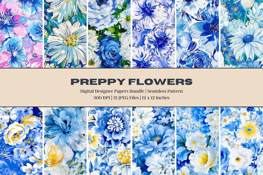 12 Blue and White Preppy Flowers Digital Paper, Preppy Floral, Seamless ...