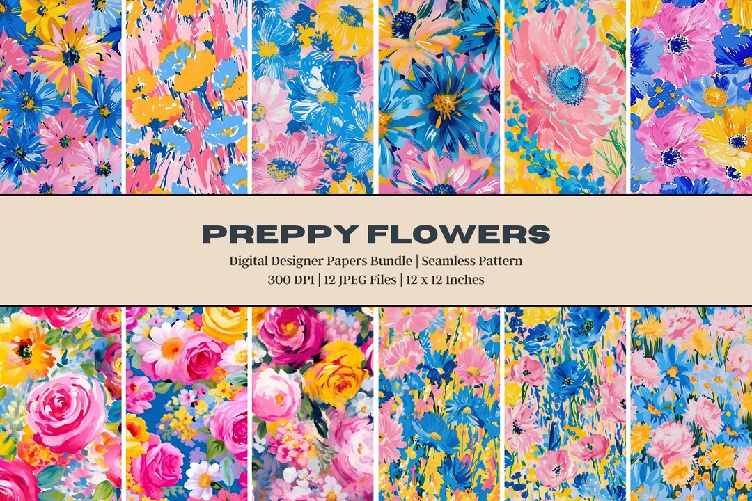 12 Pink and Blue Preppy Flowers Digital Paper, Preppy Floral, Seamless ...