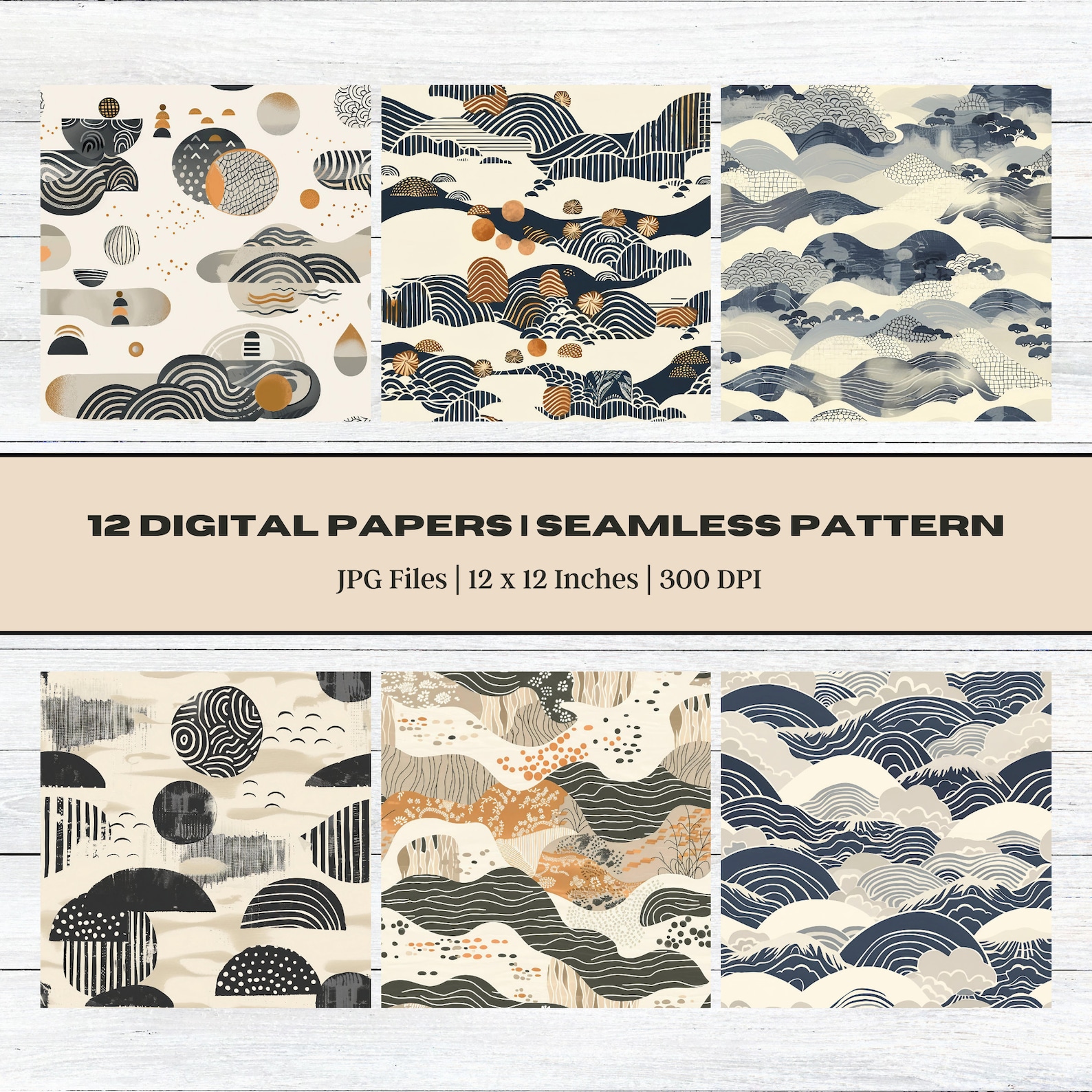 12 Japandi Art Digital Paper, Seamless Design, Retro Boho, Japan ...