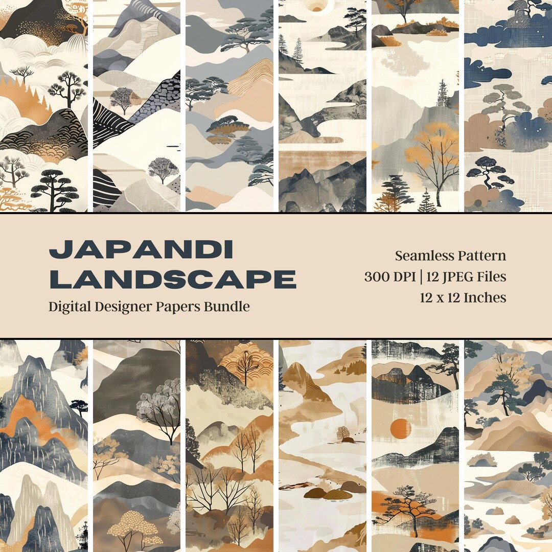 12 Japandi Landscape Digital Paper, Seamless Design, Retro Boho, Japan ...