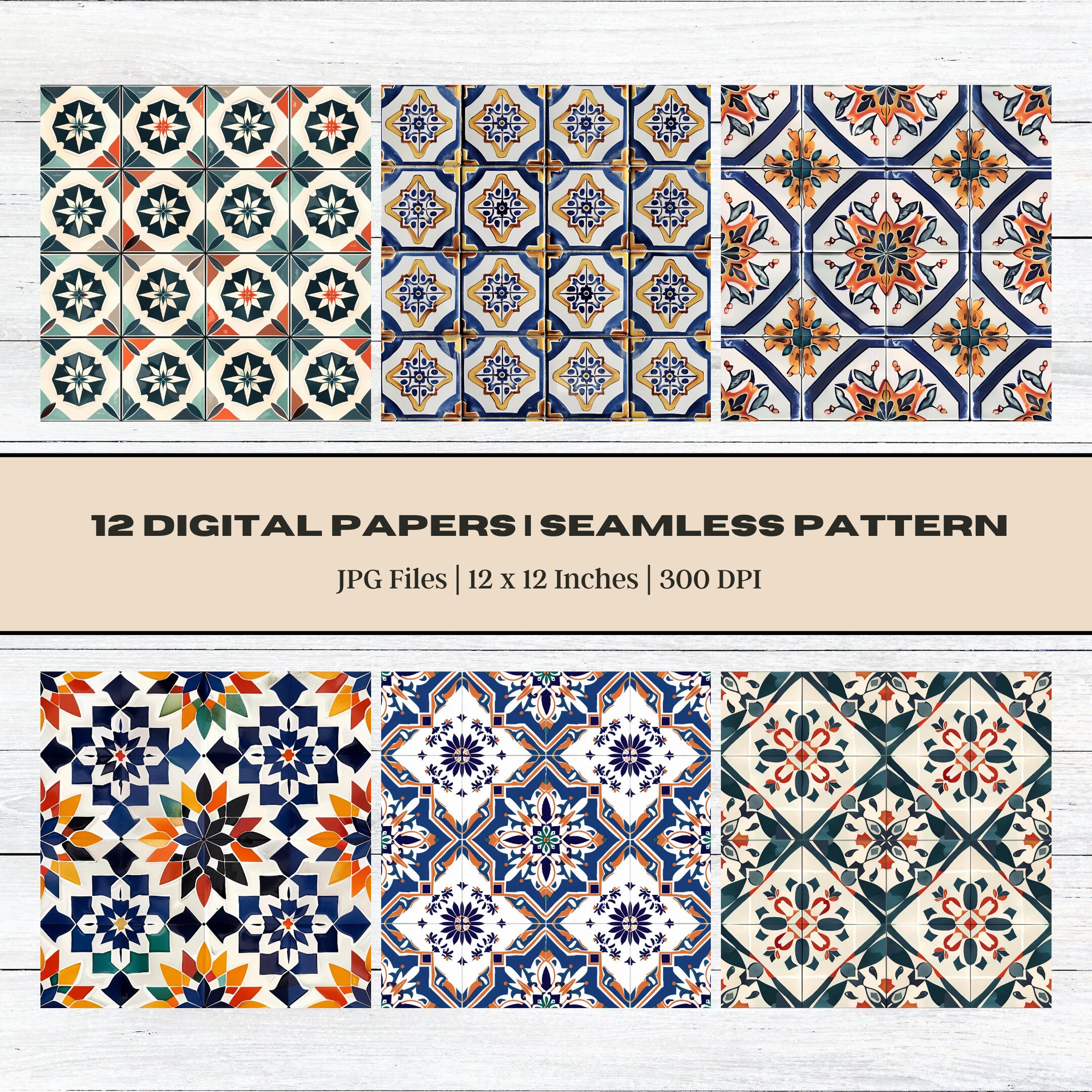12 Spanish Tiles Digital Paper, Mosaic Tiles, Azulejos Tiles, Ceramic ...