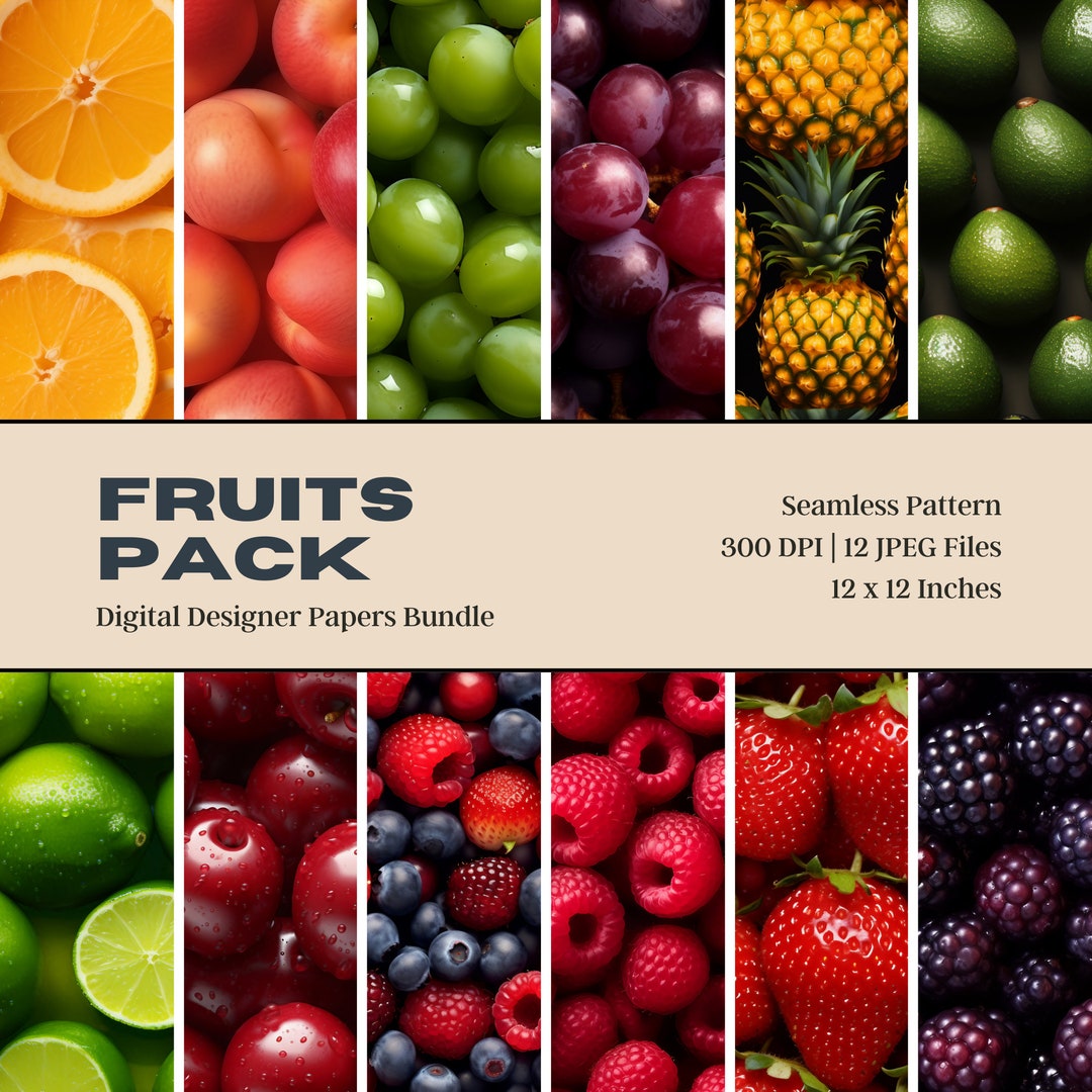 12 Fruits Themed Digital Paper, Seamless Design, Apple, Orange ...