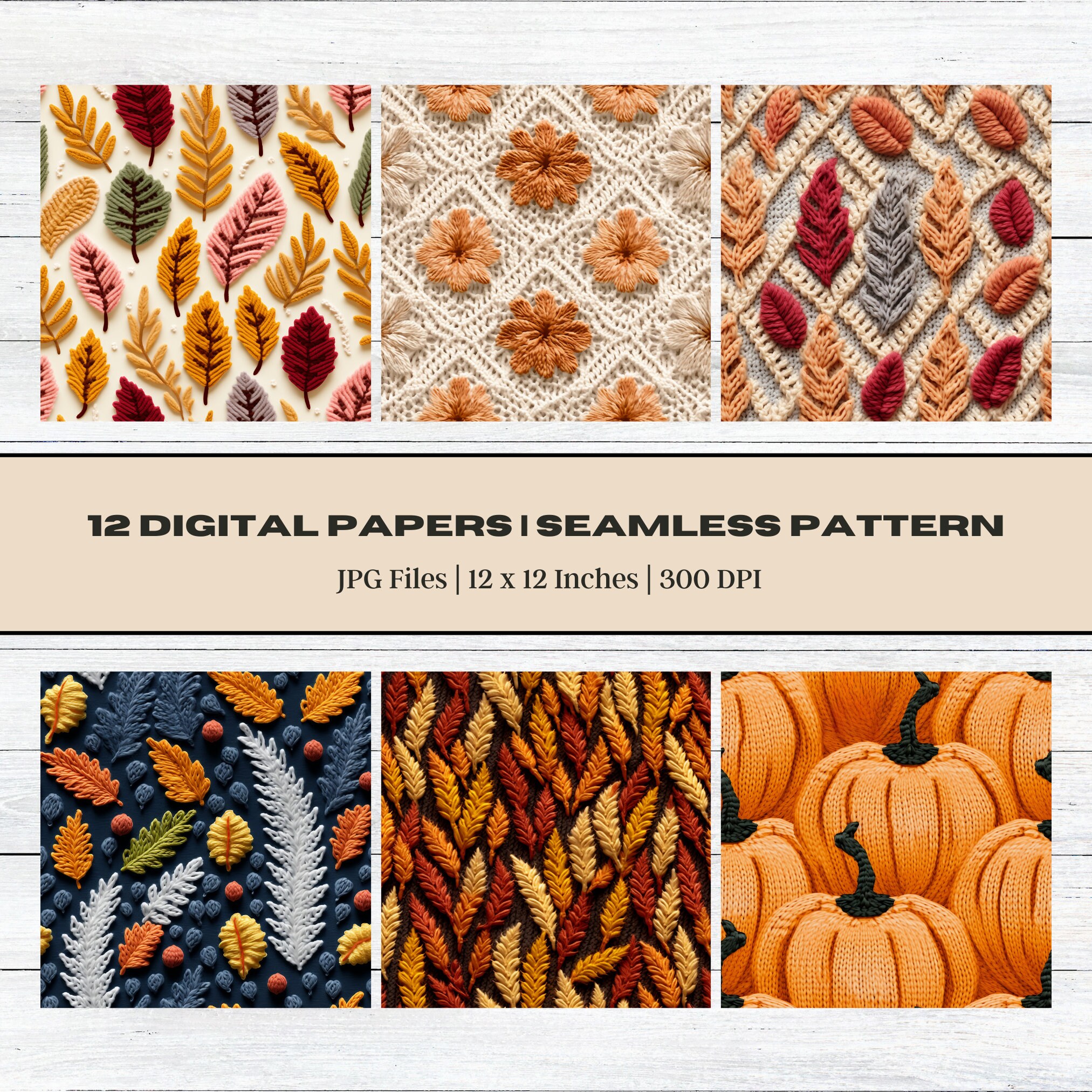 12 Fall Embroidery Crochet Digital Paper, Fall Decor, Cottage Core ...