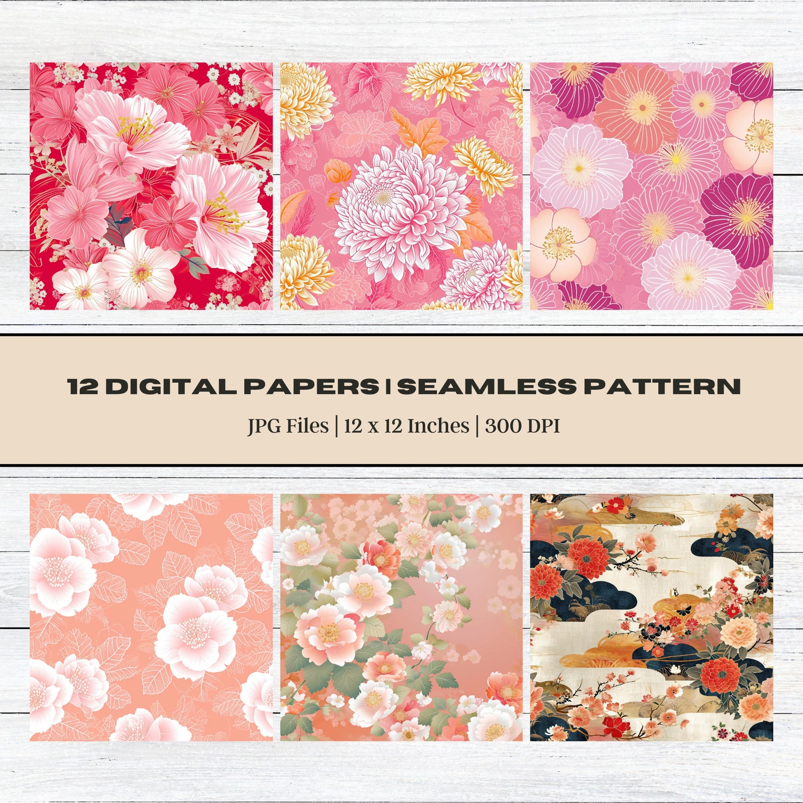 12 Japanese Kimono Digital Paper, Sakura, Kimono Robe, Seamless Design ...