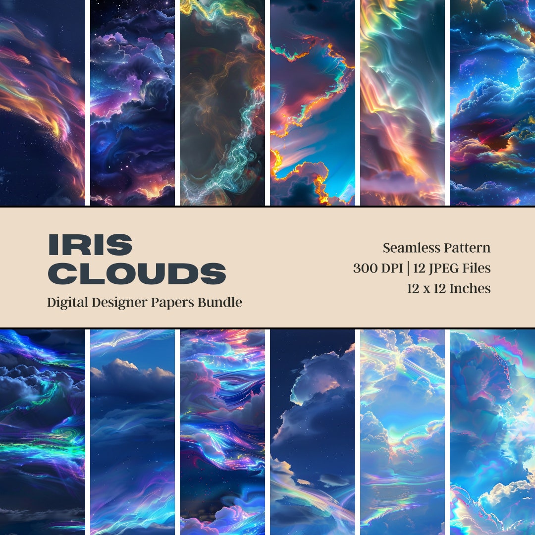 12 Iridescent Clouds Digital Paper, Fantasy Background, Night Sky ...