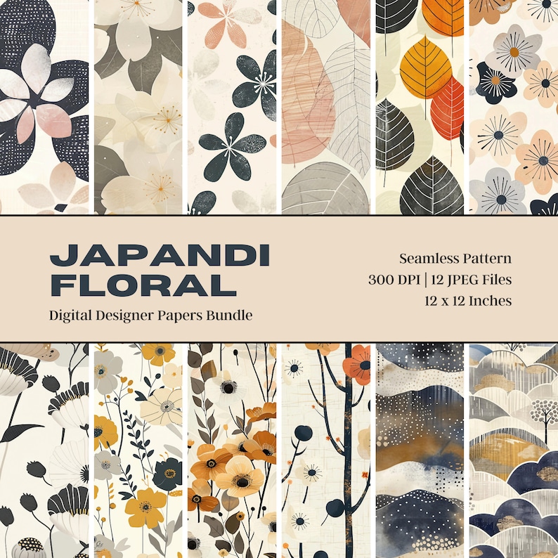 12 Japandi Floral Digital Paper, Seamless Design, Retro Boho, Japan ...